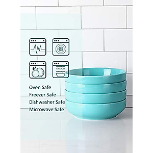 Teocera Porcelain Pasta Bowls, Salad Bowls Set, Wide and Shallow, 30 Ounce - Set of 4, Turquoise