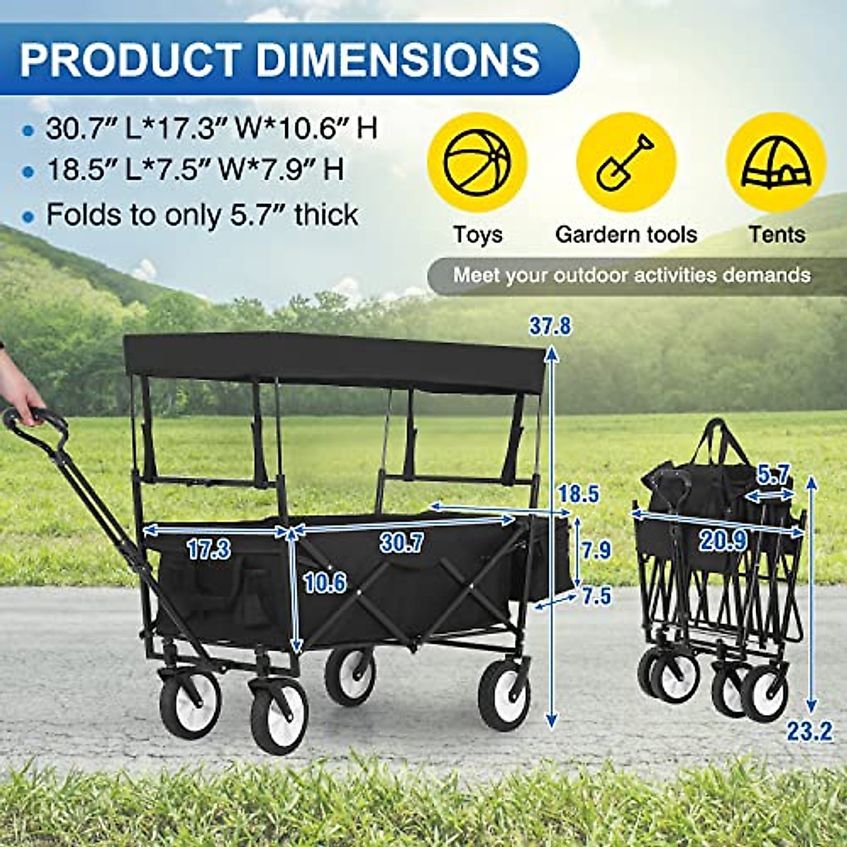 Folding Wagon Collapsible Wagon Garden Cart w/Removable Canopy Universal Wheels for Camping Picnic Outdoor Event,Black