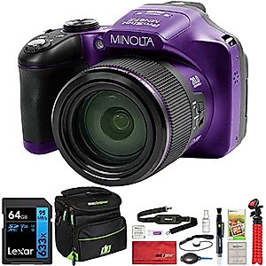 Minolta MN67Z-BK 20MP / 1080p HD Bridge Digital Camera with 67x Optical Zoom Bundle with Lexar Professional 633x 64GB UHS-1 Class 10 SDXC Memory Card and Deco Gear Camera Bag for DSLR (Purple)