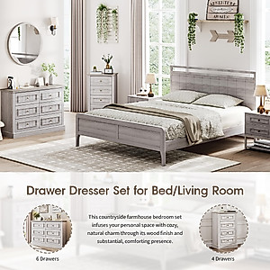 Vabches Dresser for Bedroom, 6 Drawer Wide Dresser Organizers Wood Storage Dresser for Closet, Farmhouse Double Chest of Drawer TV Stand with Gold Handles for Living Room, Hallway, Light Rustic Oak