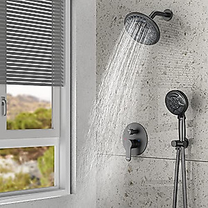 Matte Black Shower System, STARBATH Shower Faucets Sets Complete with 6-Mode Rain Shower Head and 9-Mode Handheld Spray Wall Mounted Dual Shower Head System, Shower Valve Include