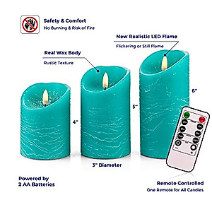 Set of 3 Realistic Flameless Turquoise LED Candles with Remote Control - 4'' 5'' 6'' Electric Wickless Pillar Battery Operated Candles with Flickering Flame Timer