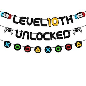 Happy 10th Birthday Banner Level 10s Unlocked Decoration Video Game Controller Level Up Theme Bday Decor for Boys Girls Children Kids Tenth Birth Anniversary Event Supplies