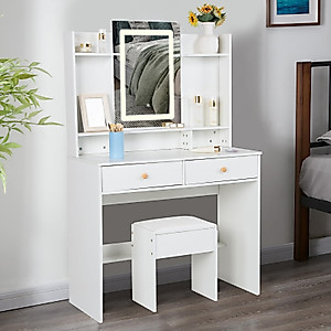 Jarbalai White Makeup Vanity with Mirror and Lights, Large Vanity Set with Cushioned Stool and Drawers, Modern Dressing Table Vanity Desk for Bedroom