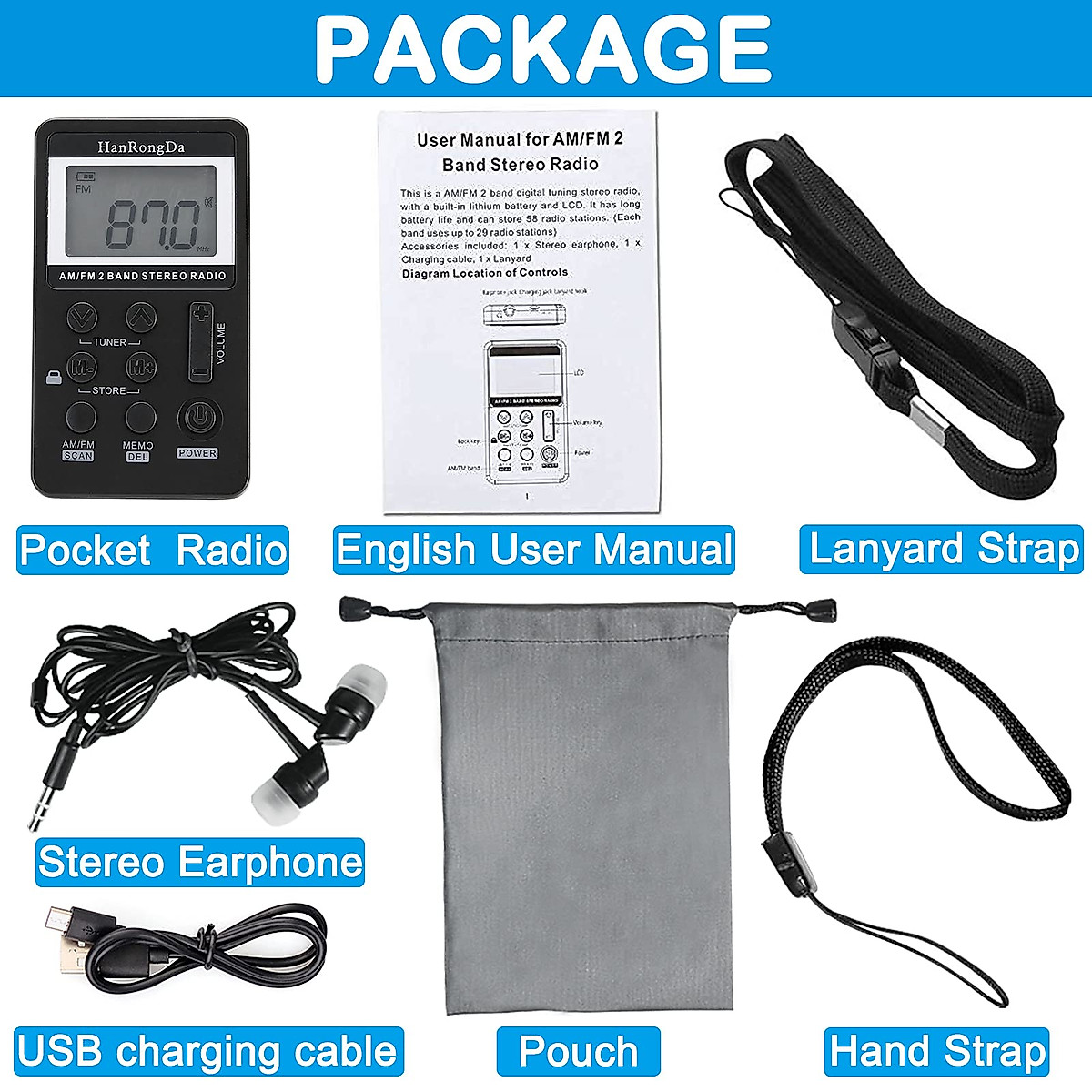 HanRongDa Portable Radio AM/FM Walkman with Excellent Reception and Stereo Sound, Pocket Radios with 58 Preset Stations, Built-in 500mAh Battery for Walking, Jogging, Mowing and Traveling HRD-103