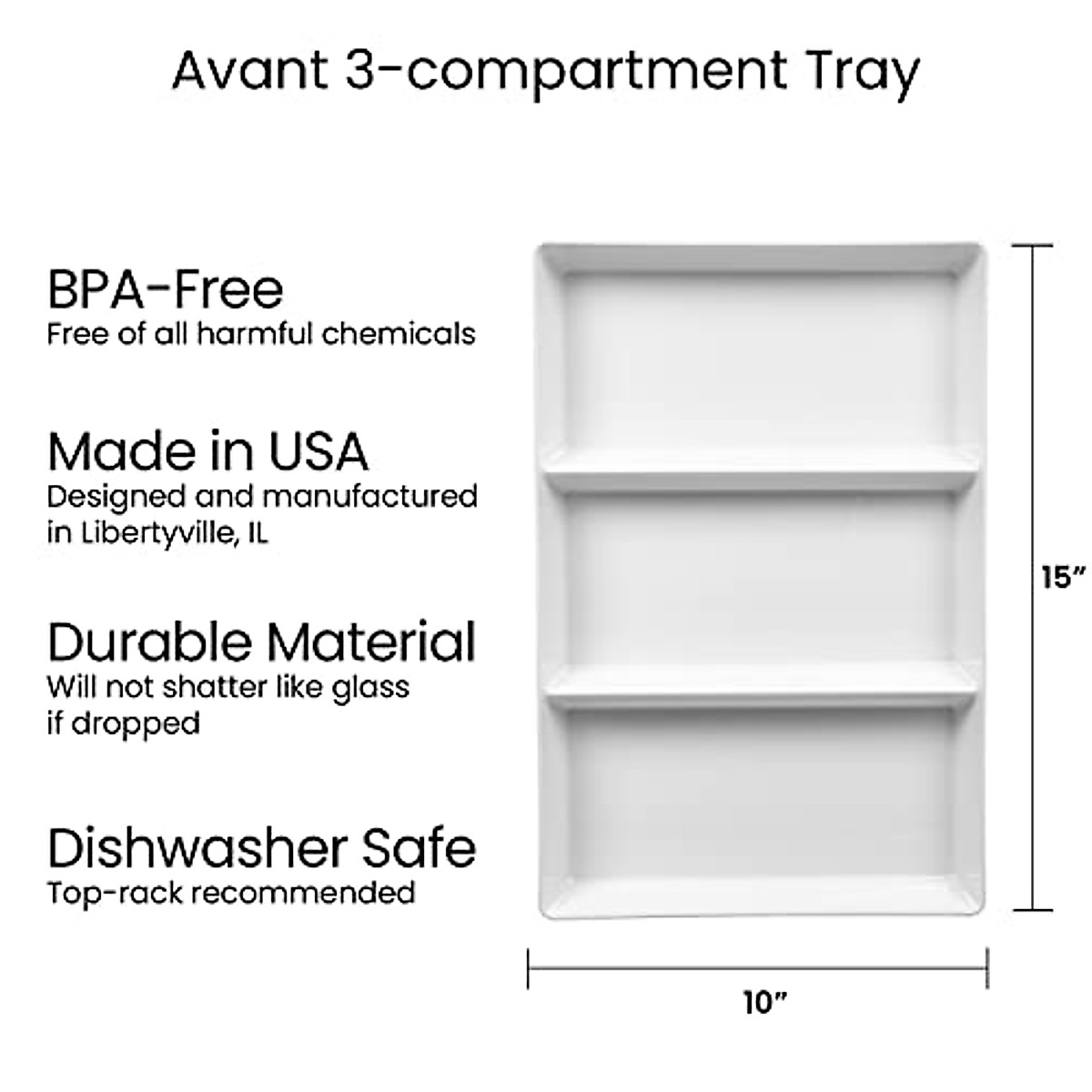 US Acrylic Avant 15" x 10" Plastic 3-Section Stackable Serving Tray in White | Set of 3 Appetizer, Charcuterie, Food, Snack, Dessert Platters | Reusable, BPA-Free, Made in The USA