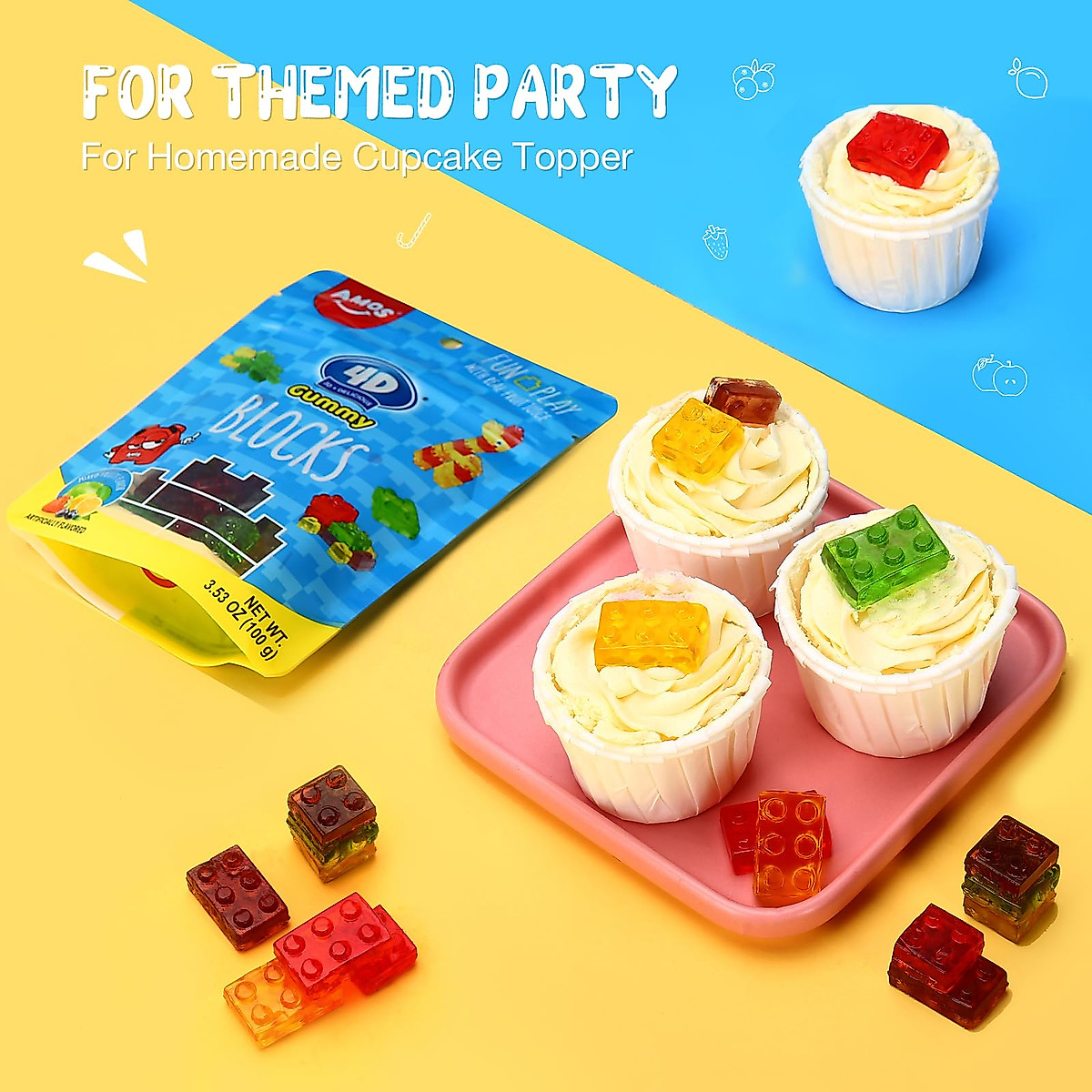 AMOS 4D Gummy Blocks Candy Bricks, Edible Building Block Gummies for Kid's Lego Theme Party, Funny Cupcake Topper Decoration, Resealable 3.53oz Bag (Pack of 3)