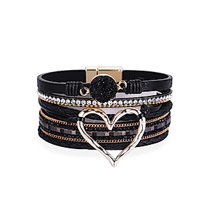Dcfywl731 Multilayer Wrap Leather Bracelet Heart Modern Boho Bracelet Clasp Cuff Rhinestone Leather Bracelets for Women (Black)