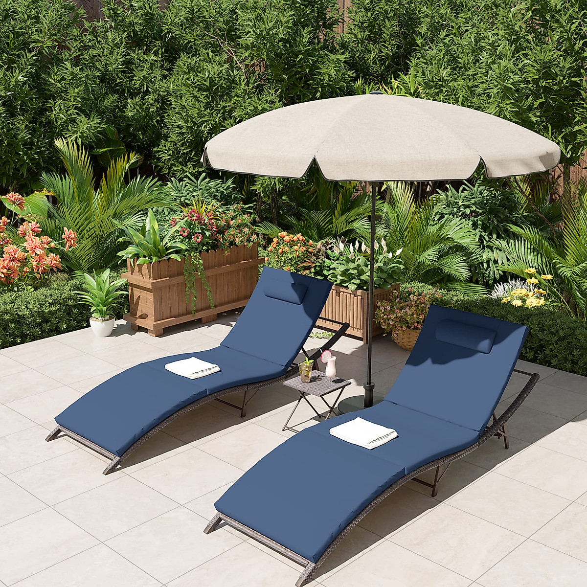 ALAULM Pool Lounge Chairs Outdoor Adjustable Chaise Lounge Chairs w/Sponge Cushion,2 Foldable & Portable Chairs and 1 Table for Poolside Patio Courtyard Seaside,Dark Blue