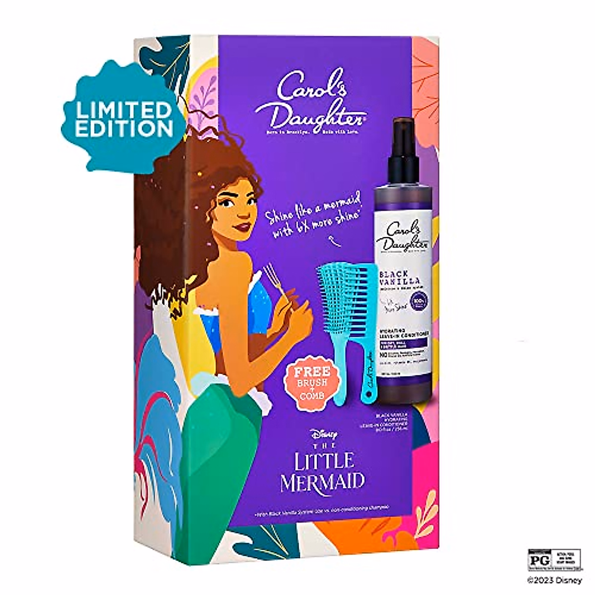 Carol's Daughter and Disney's The Little Mermaid Hair Care Gift Set for Curly Hair, Includes Black Vanilla Leave In Conditioner Spray, Kid's Brush and Comb, 8 Fl Oz