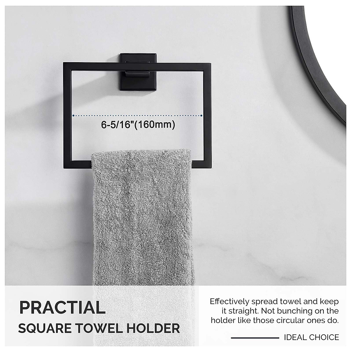 Towel Holder Matte Black, Angle Simple Stainless Steel Bathroom Hand Towel Rack, Square Towel Ring for Wall, 7.09-Inch