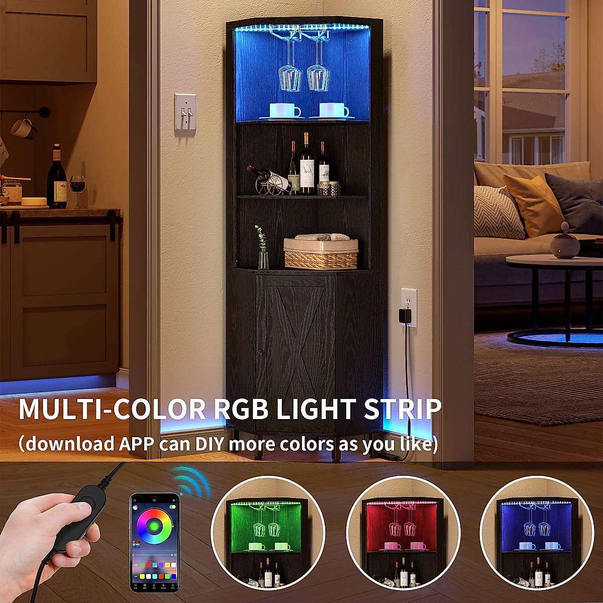 YITAHOME Corner Bar Cabinet with LED Lights & Glass Holder, 5 Tier Corner Shelf with Storage, Wine Rack Cabinet Display Shelves for Living Room, Dining Room, Kitchen, Black