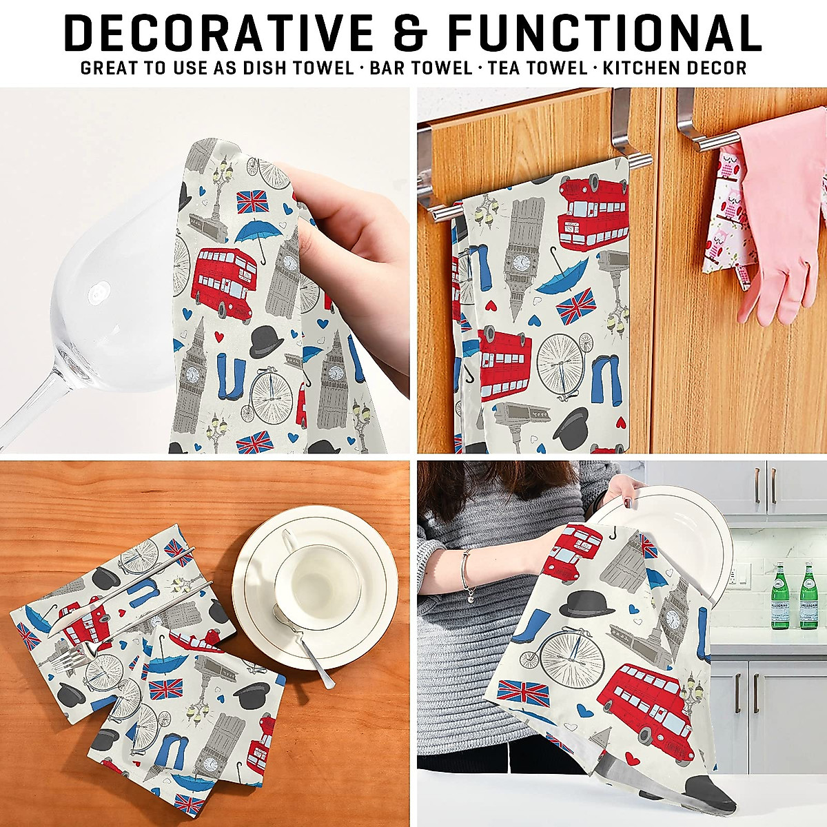 ALAZA Cartoon Big Ben Bus British Flag Kitchen Towels Dish Bar Tea Towel Dishcloths Set of 4 Super Absorbent Soft 18 x 28 inches