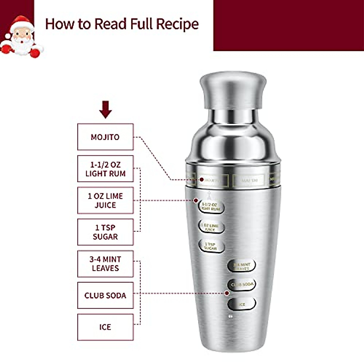 Cocktail Shaker Martini Shaker Set with Recipe, 24 oz Martini Shaker Drink Shaker Drink Mixer Stainless Steel Cocktail Shaker Set Bartender Kit