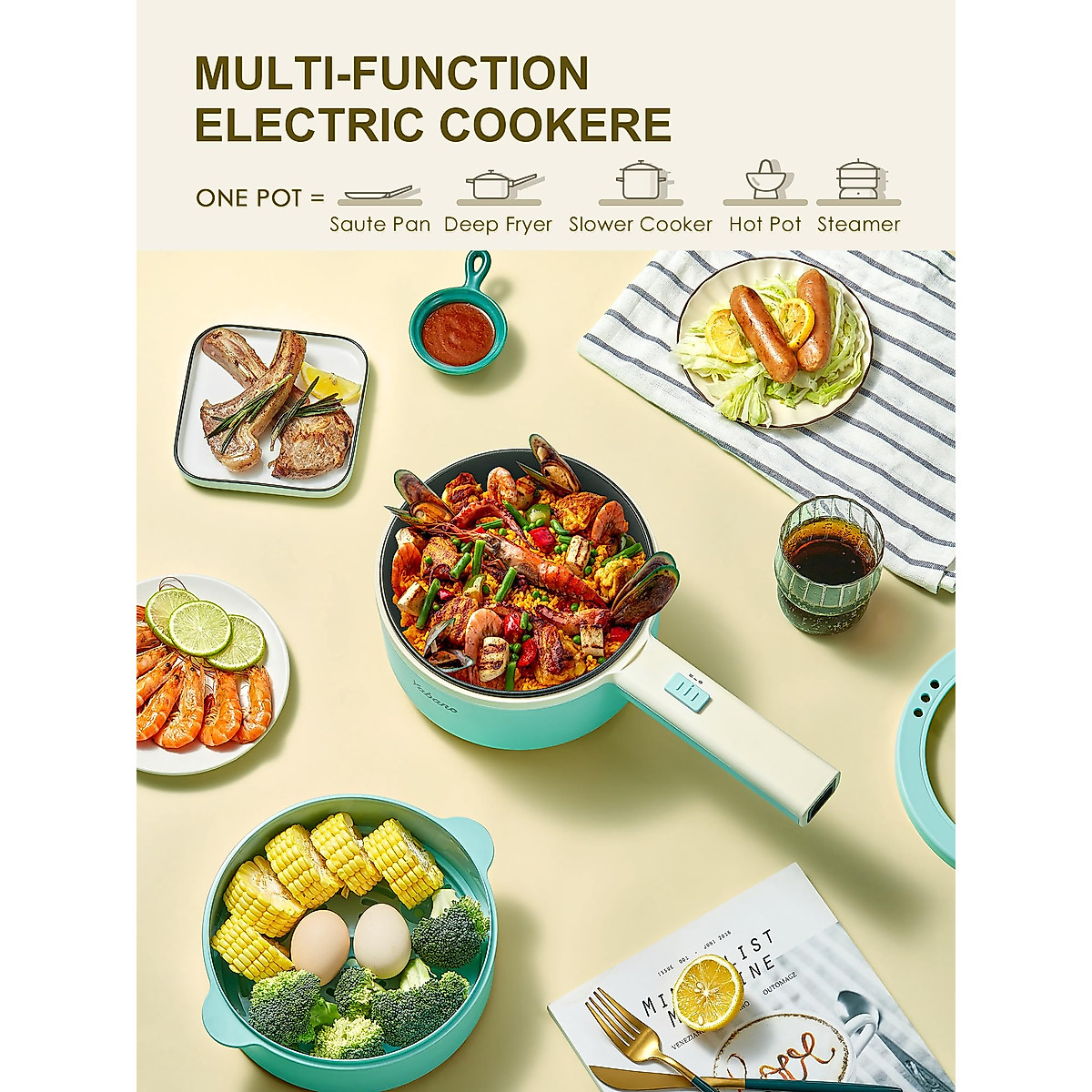 Yabano Electric Pot, 850W Non-Stick Electric Hot Pot with Steamer,1.6L Noodles Cooker with Dual Power Control, Portable Pot For Dorm, Office, Travel with Silicone Spatula Included, BPA Free, Aqua