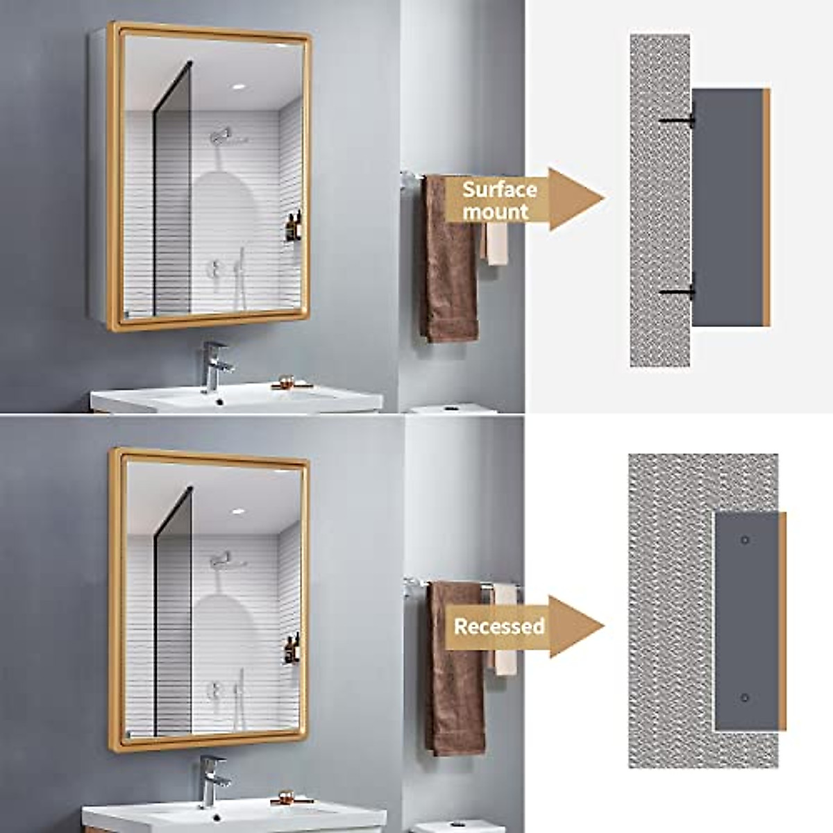 FOMAYKO Aluminum Bathroom Medicine Cabinet with Farmhouse Gold Framed 16x26 Inches Recess or Surface Mount Mirror Cabinet for Bathroom Toilet Kitchen
