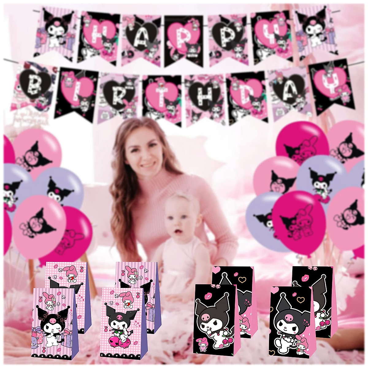 Tuklye 12 Pcs Kuromi Party Favor Gift Bags for Kuromi and My Melody Birthday Party Decorations and Supplies