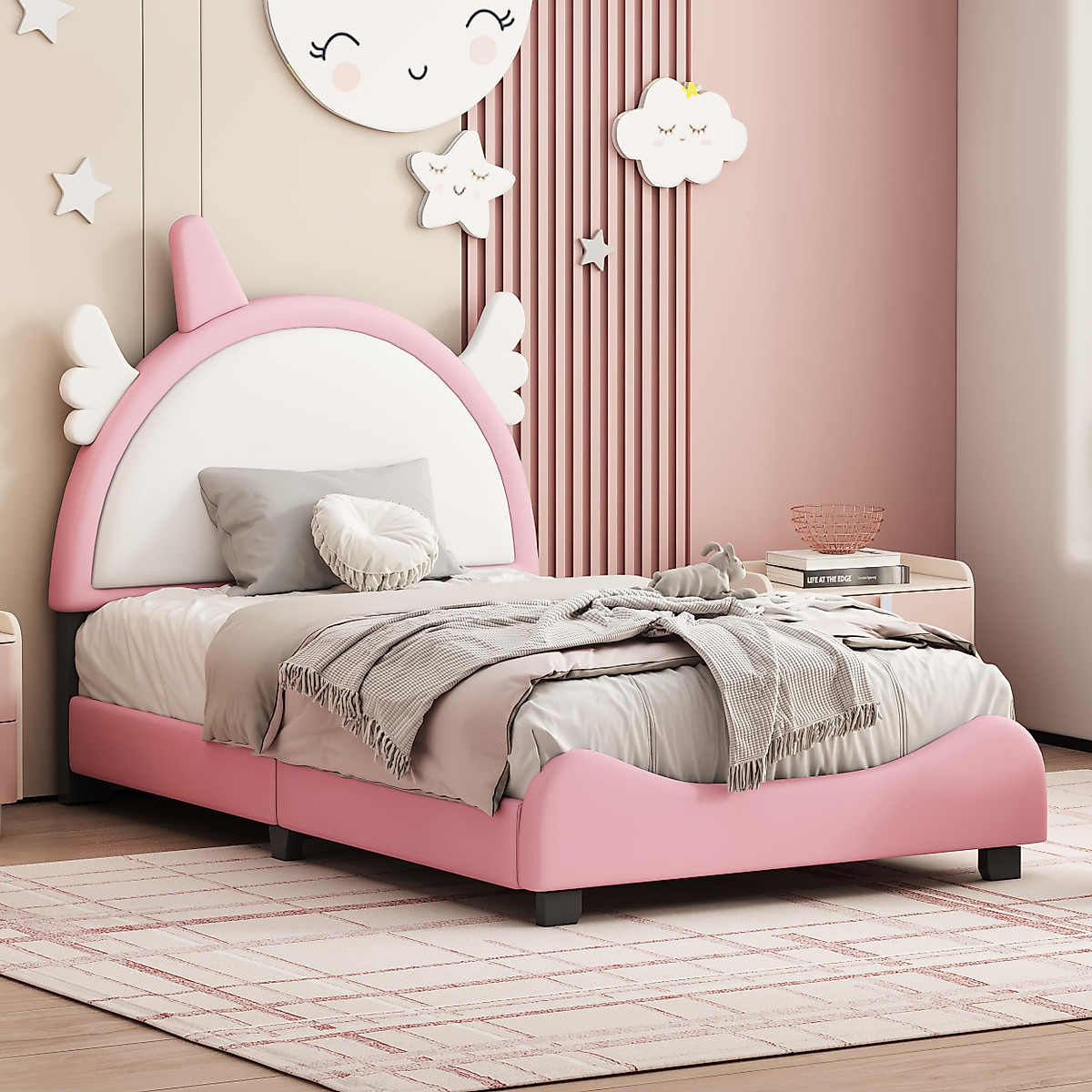 Bellemave Twin Size Princess Bed Frame with Unicorn Shape Headboard,PU Upholstered Princess Twin Bed for Girls,Kids Twin Platform Bed(Twin,Pink)