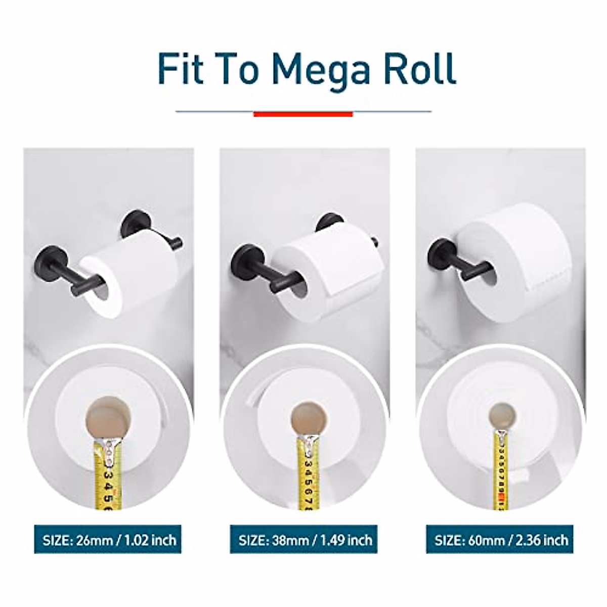 POKIM Black Toilet Paper Holder - Metal Bathroom Flexible Pivoting Tissue Handle on Wall Mounted, SUS 304 Stainless Steel Adjustable TP Large Mega Roll Holder for Wooden Cabinet Classic Matte