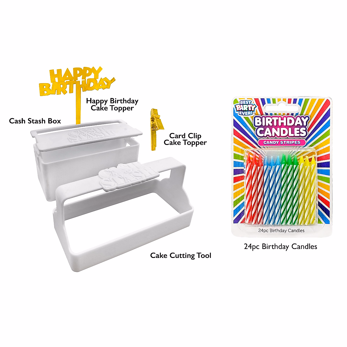 BEST PARTY EVER! Cash Stash Cake Surprise Candle Set, Pull Out Money Box for Birthday Cake with 24 Candles, Holds Up to 40+ Bills, Birthday Cake Topper