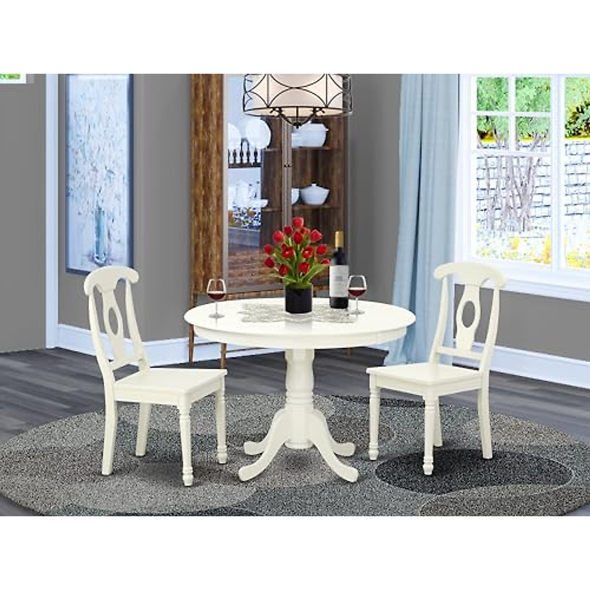 East West Furniture HLKE3-LWH-W 3 Piece Kitchen Table & Chairs Set Contains a Round Dining Room Table with Pedestal and 2 Dining Chairs, 42x42 Inch, Linen White
