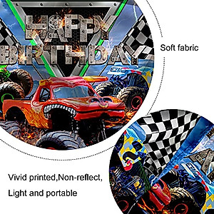 Newsely Truck Themed Birthday Party Backdrop 7Wx5H Monster Boys Kids Happy Birthday Background Photography Jam Burning Flame Car Grave Digger Party Decorations Banner Photo Booth Props Supplies