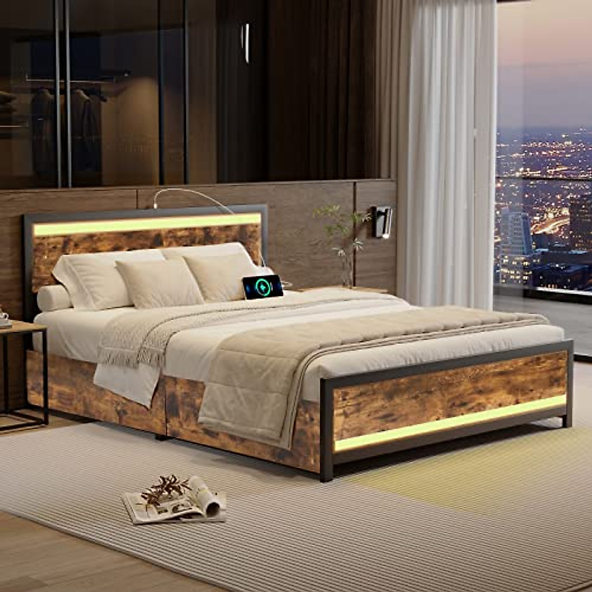 Full Size Bed Frame with 4 Storage Drawers, Metal Platform Storage Bed, LED Bed Frame with Headboard and Charging Station, Rustic Wood Platform Bed with Storage, Easy Assemble, No Need Box Spring