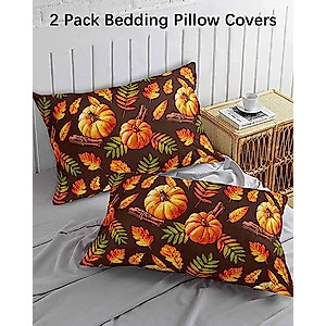 Edwiinsa Fall Pumpkin Pillow Covers Standard Size Set of 2 Bed Pillow, Brown Autumn Maple Leaves Farmhouse Plush Soft Comfort for Hair/Skin Cooling Pillowcases with Envelop Closure 20''x26''