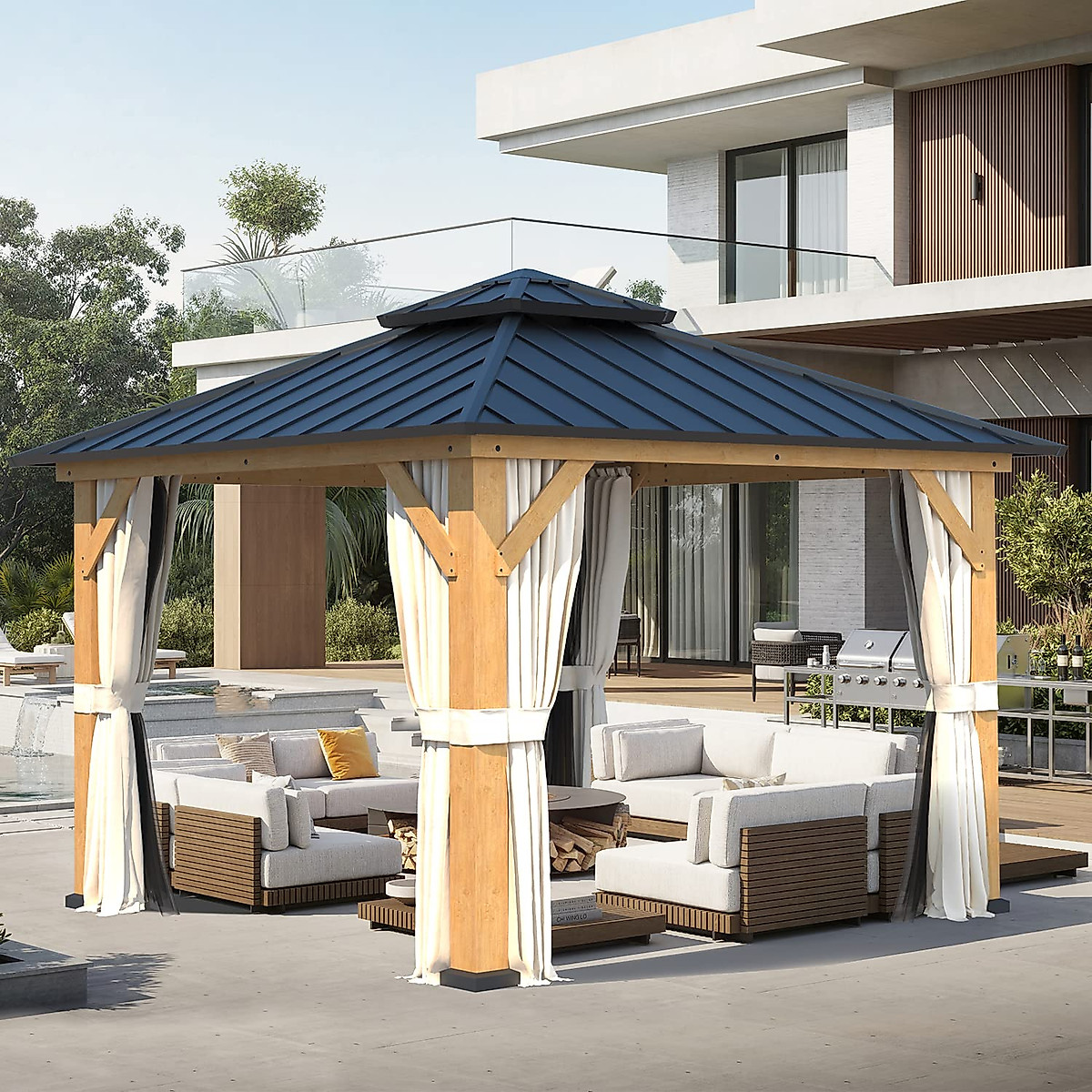 MELLCOM 11' x 11' Outdoor Cedar Wood Gazebo, Hardtop Wooden Frame Gazebo with Double Metal Roof, Solid Cedar Frame Gazebo with Privacy Curtains and Mosquito Nettings for Patios, Gardens, Backyards