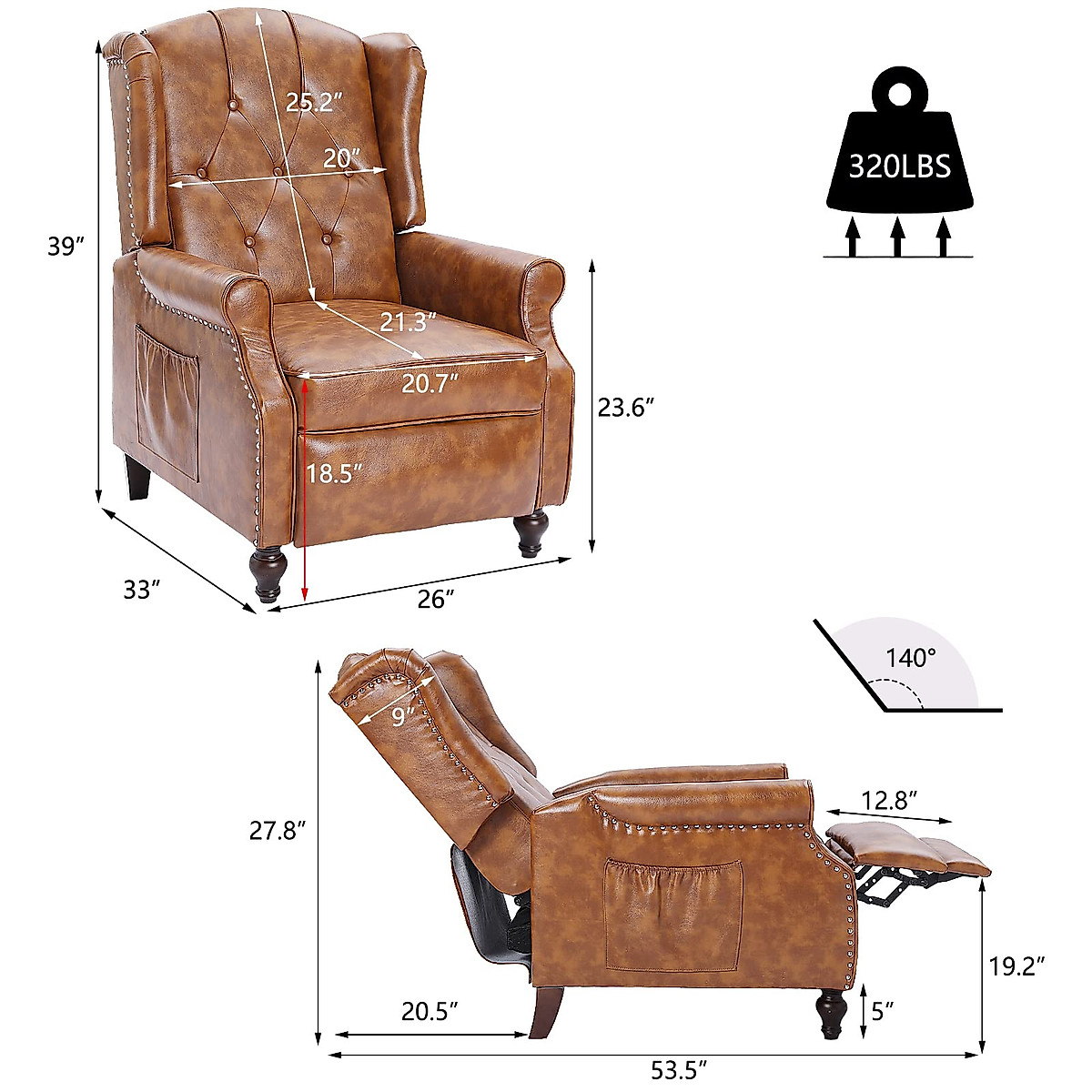 Consofa Wingback Recliner Chair with Heat and Massage, PU Leather Push Back Recliner Chair for Living Room, Vintage Wingback Recliner with Remote Control,Padded Cushion,Backrest,Wooden Legs