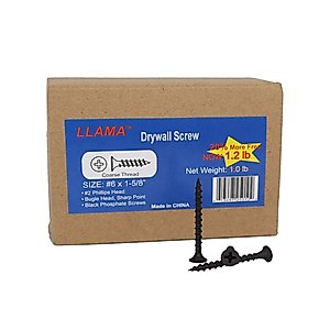 LLAMA Fastener Drywall Screws #6x1-5/8” - Coarse Threaded Black Phosphate Screws, Pay 1.0LB Now GET 1.2LB