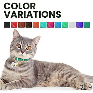 BRONZEDOG Leather Cat Collar with Bell Non Breakaway Kitten QR Tag for Girl Boy (7" - 9" for Cats, Orange & Silver)