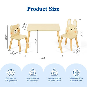 OOOK Kids Wood Table and Chair Set - Including 2 Animal Chairs - Waterproof Desktop - Adorable Toddler Table Chairs Set for Eating, Snack Time and Play Games