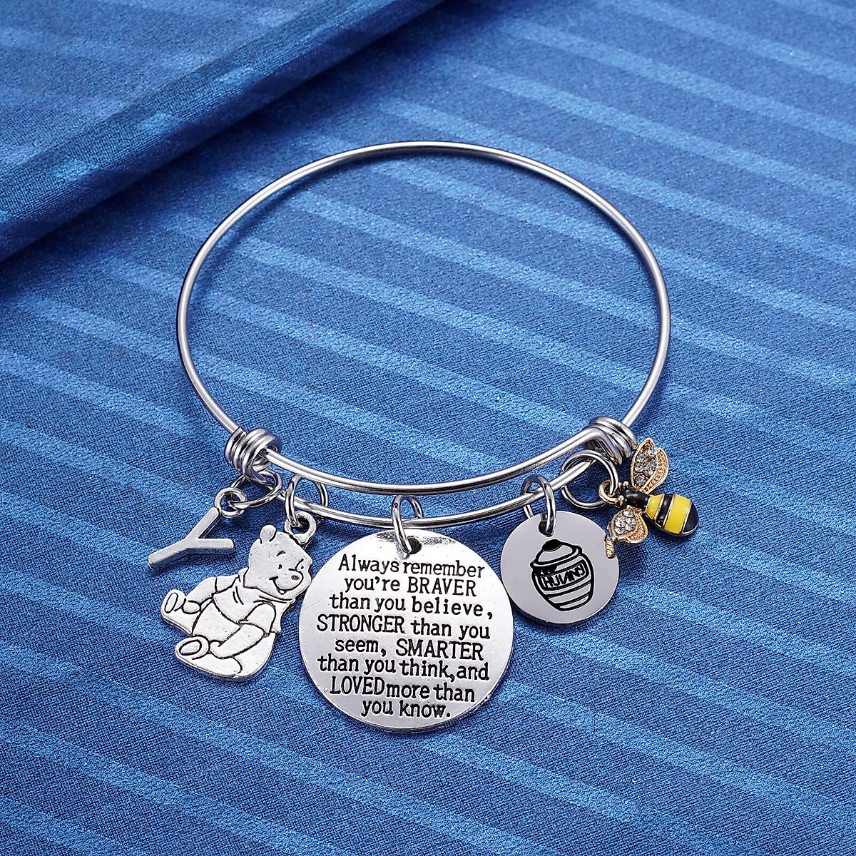Kvekstio Inspired by Classic Pooh Bear Bracelet Jewelry Gifts for Women with Bee, Hunny, Pooh Bear Charm, Initial Y