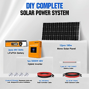 ECO-WORTHY 9.4KWH 2340W 48V Off Grid Complete Solar Panel Kit for Home/Shed: 12pcs 195W Solar Panel + 2pcs 48V 50AH Lithium Battery(5.12KWH) + 5000W 48v All-in-one MPPT Charger Inverter,Plug and Play