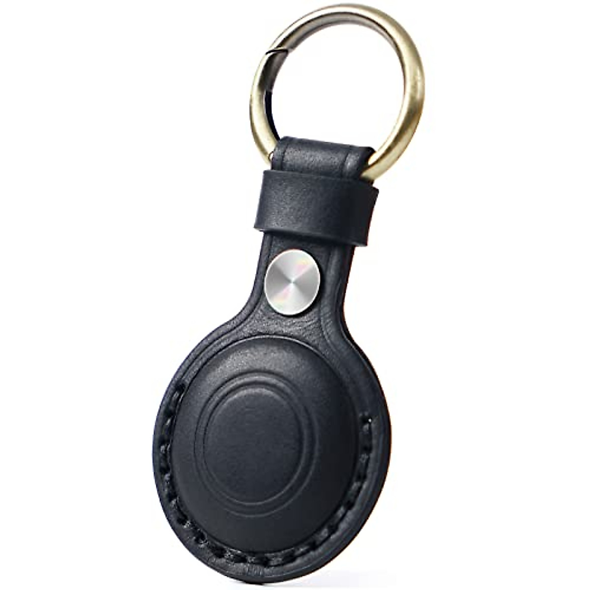 Handmade Genuine Leather Airtag Holder Keychain, Full Coverage Air Tag Holder with Key Rings, Airtag Hidden Cover Accessories for Luggage, Keys, Backpack etc. Black