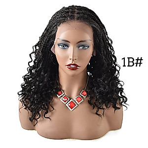 Curve Hair Curly Braided Swiss Lace Front Wigs for Women with Baby Hair Hand Made Crochet Hair Curly Ends Box Braided Wig Heat Friendly Kanekalon Synthetic 18Inches (LL602483C, 1B Black)