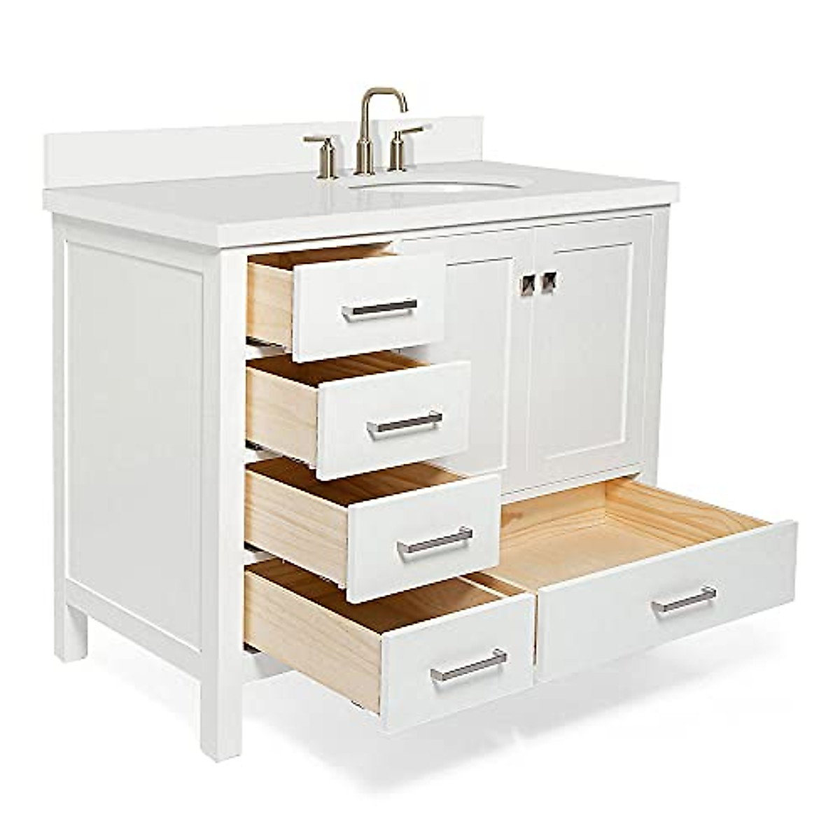 ARIEL Cambridge 43 Inch White Bathroom Vanity with Sink, 1.5" Edge Quartz Countertop, Solid Wood, Right Oval Sink, 2 Soft Closing Doors, 5 Full Extension Dovetail Drawers