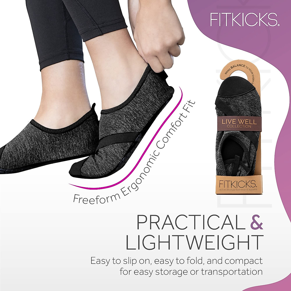 FITKICKS Original Women's Foldable Active Lifestyle Minimalist Footwear Barefoot Yoga Sporty Water Shoes - Black, Small