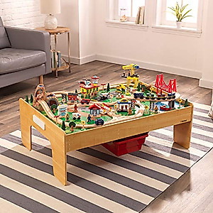 KidKraft Adventure Town Railway Wooden Train Set & Table with EZ Kraft Assembly™ with 120 Accessories and Storage Bins, Gift for Ages 3+