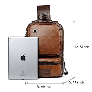 Small Brown Sling Crossbody Backpack Shoulder Bag for Men Women Vintage PU Leather CrossBody One Strap Casual Sling Backpack Cycling USB Charger