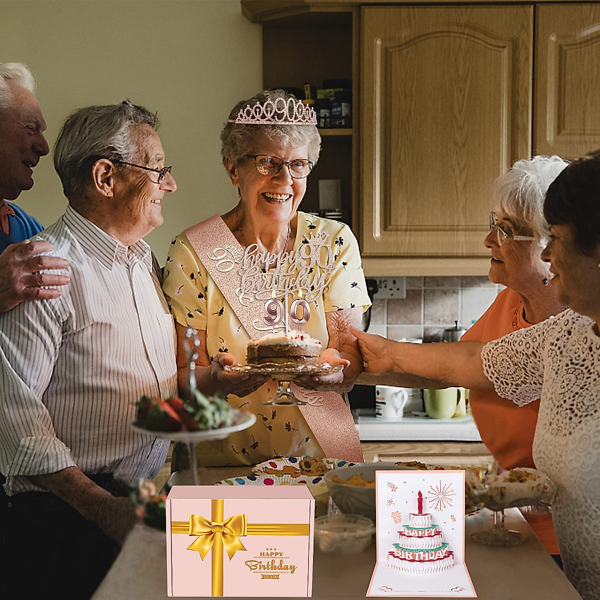 90th Birthday Decorations For Women, Include 90th Birthday Sash and Tiara, Birthday Cake Topper and Number 90 Candles, Balloons, 3D Birthday Card, 90th Birthday Gifts Women