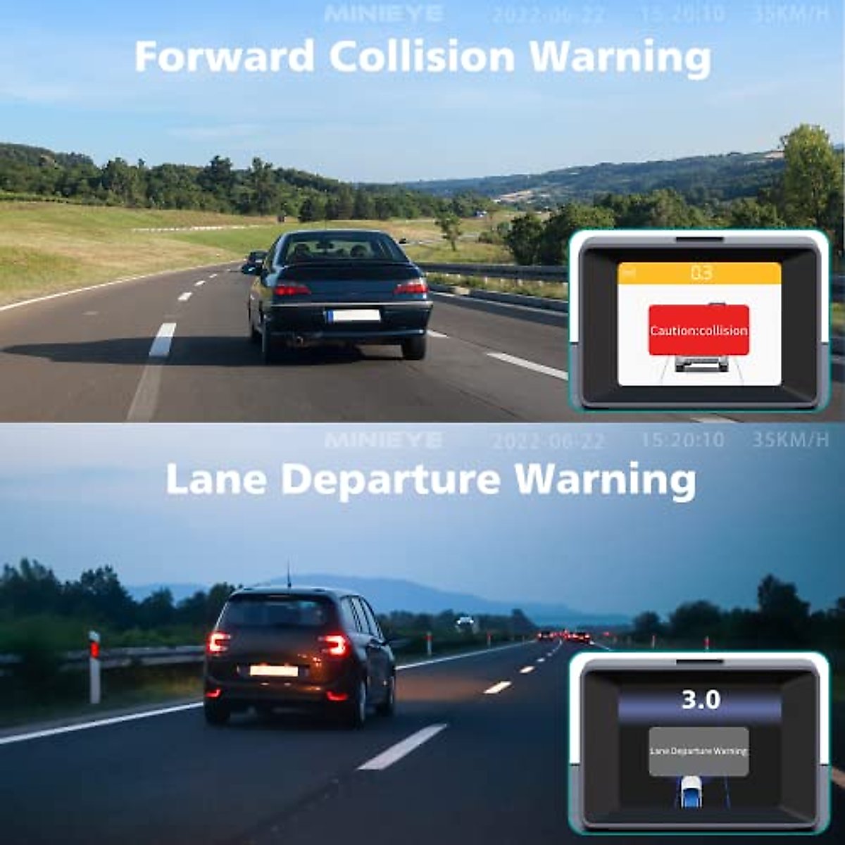 MINIEYE AI Collision Avoidance Device - 1944P Smart Dash Cam with ADAS, 140° Wide Angle Front Dash Camera with Sony Starvis Sensor, Collision, Lane Departure Warning, Night Vision, APP OTA Update
