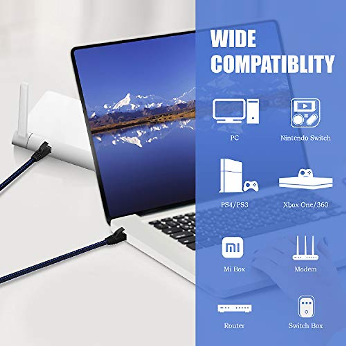 Cat 7 Ethernet Cable 75ft, Nylon Braided Heavy Duty High Speed Cat7 Cable Shielded Gigabit Flat Cat7 RJ45 LAN Cable Internet Network Patch Cord 10Gbps for Gaming PS4, Xbox One,Laptop,Modem, Router