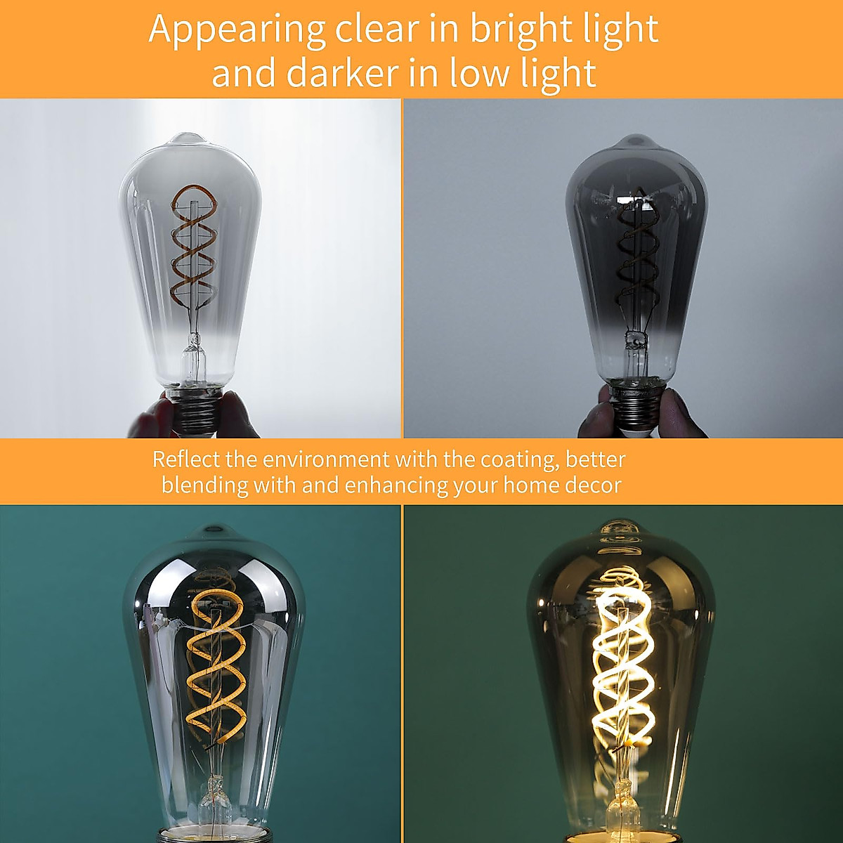 Decoaui E26 ST64 Vintage Edison Light Bulbs, Smoky Grey Coated Glass, Dimmable, 4W(20W Equivalent) 200 Lumin, 2700K Soft White, Spiral Filaments Design, Antique Style, 25000 Hrs, 3-Pack