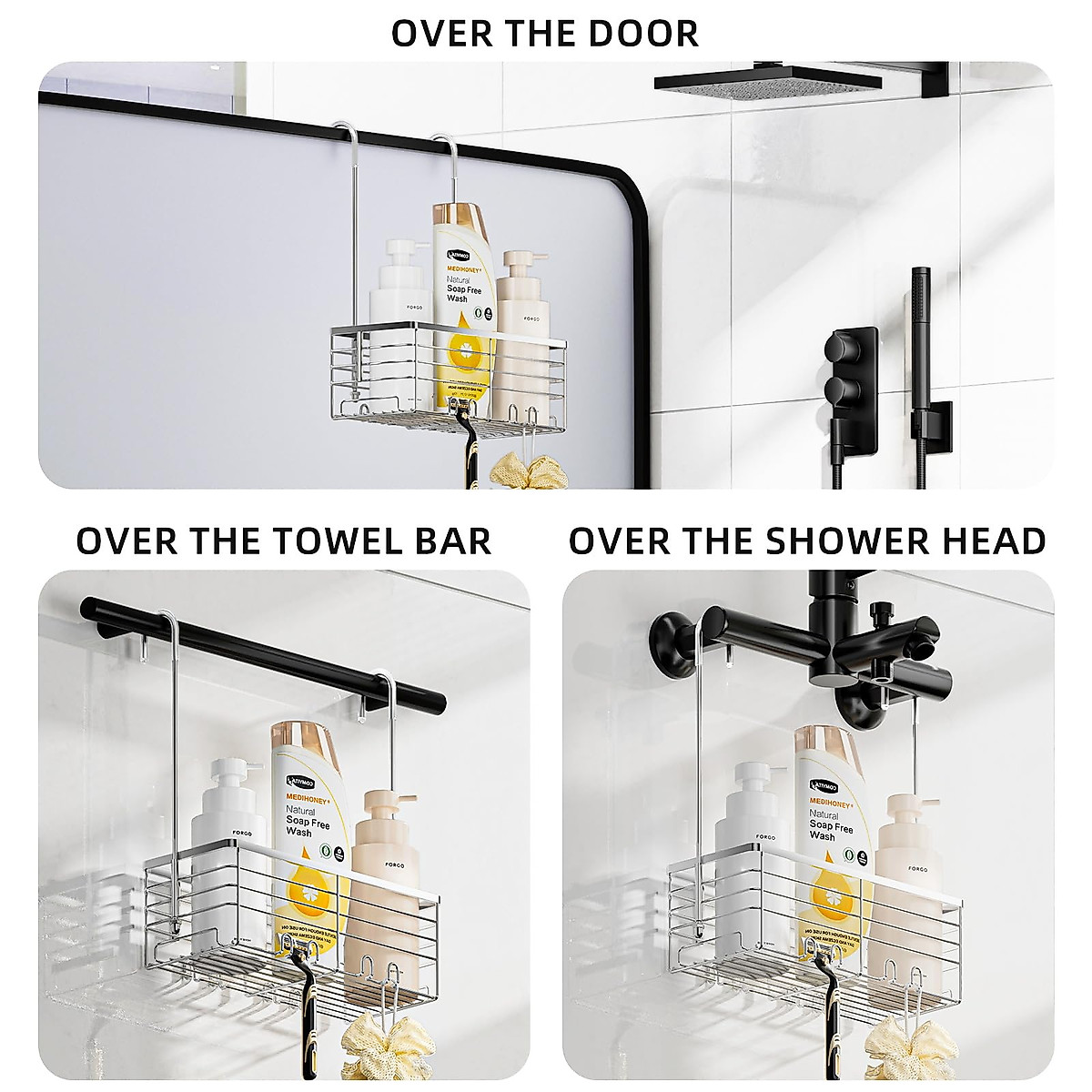 SHANSHUI Shower Hanging Caddy, Bathroom Shower Organizer Basket, Shampoo Bracket, Over Door Shower Rack with Hooks, 304 Stainless Steel Rustproof