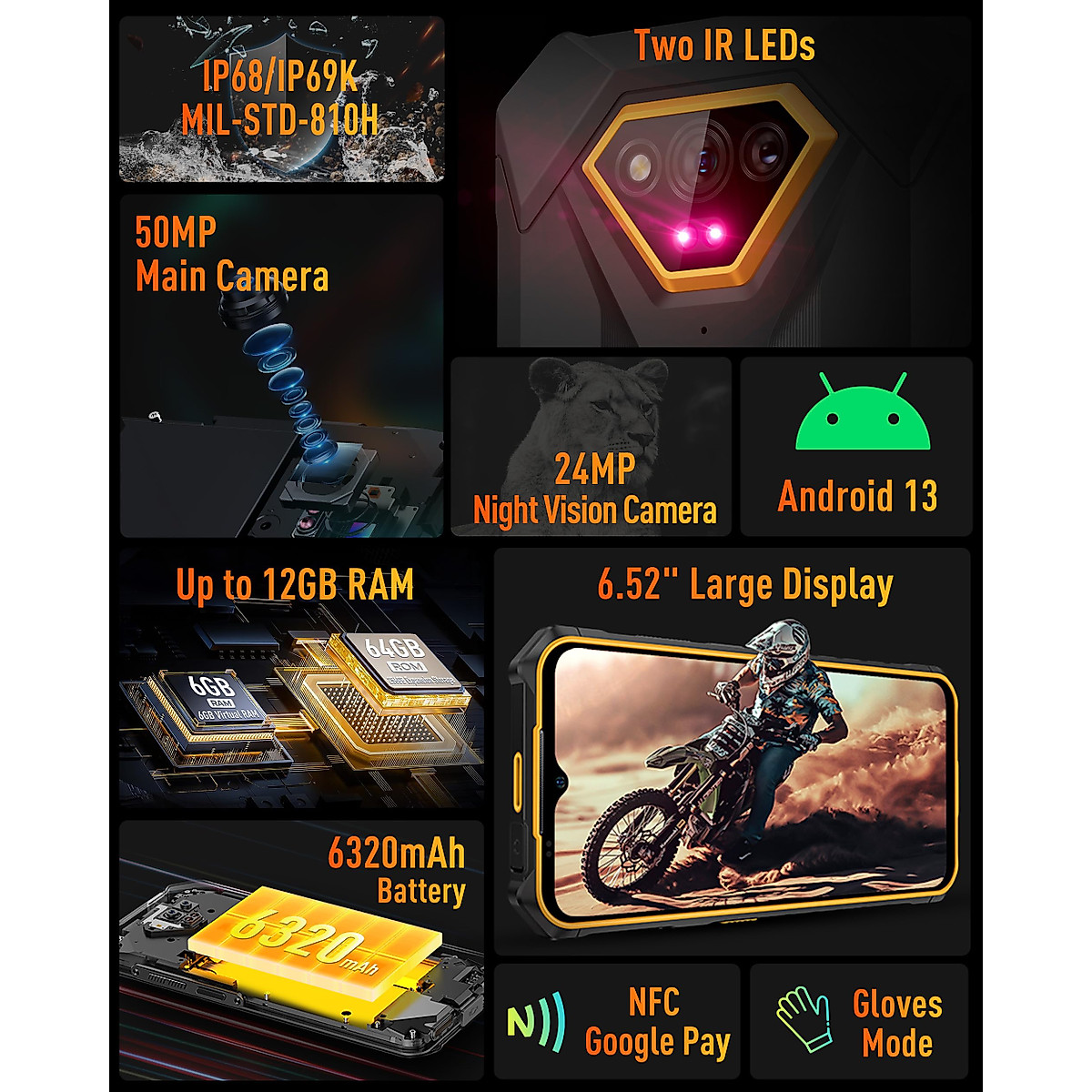 Ulefone Armor X13 & Case Rugged Smartphone, 50MP+24MP Night Vision Camera, Octa-core 12GB RAM 64GB ROM, 6.52 inch Screen, 6320mAh, Global Dual 4G, NFC/OTG/GPS/IP68/IP69K, Black