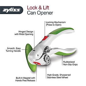 Zyliss Lock N' Lift Can Opener - Manual Can Opener with Built-In Magnet - Safety Can Opener with Stainless Steel Wheel - Handheld Kitchen Tool & Gadget - Green, 7.5"
