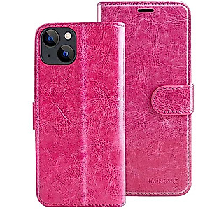 MONASAY iPhone 13 5G Wallet Case, 6.1-inch, [Glass Screen Protector Included] [RFID Blocking] Flip Folio Leather Cell Phone Cover with Credit Card Holder for Apple iPhone 13, Hot-Pink