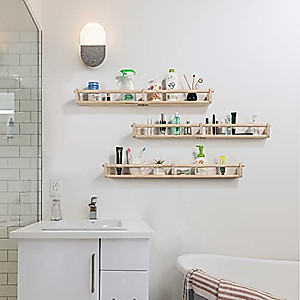 Nursery Bookshelves, 33inch,Set of 3,Floating Nursery Shelves with 6 S Hooks, Wooden Floating Shelves for Baby Nursery Room Decor, Kitchen Spice Rack, Bathroom Pine